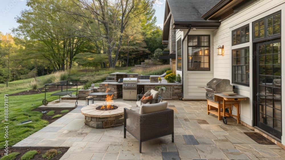 suburban farmhouse with an outdoor stone patio, complete with a built ...