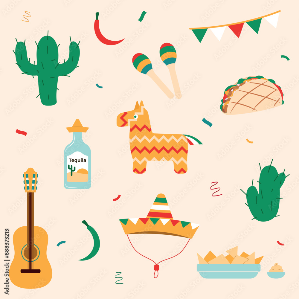 Big vector set of mexico elements in flat hand drawn style isolated on ...