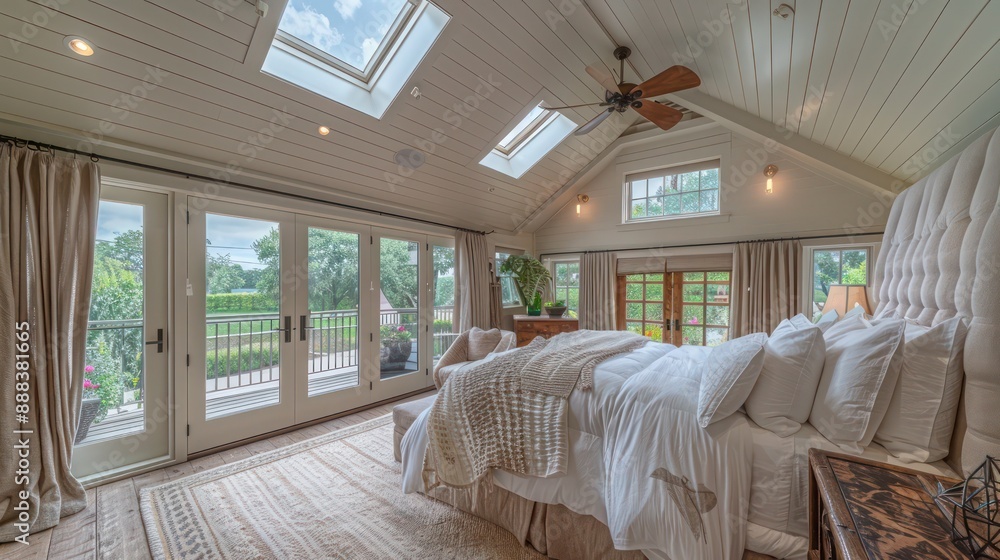 luxurious suburban farmhouse master suite, with a vaulted ceiling ...
