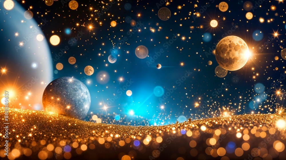 Foto de Stock Starry Night Sky with Planets and Stars, Midnight Blue ...