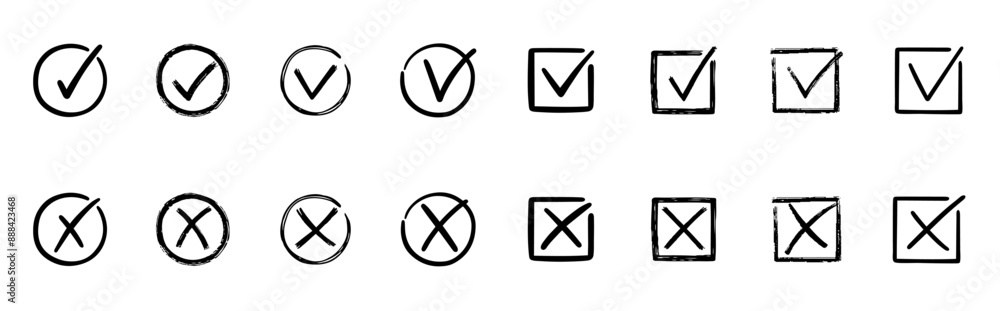 Check marks doodle set. Checkbox, checklist, tick and cross signs, v ...