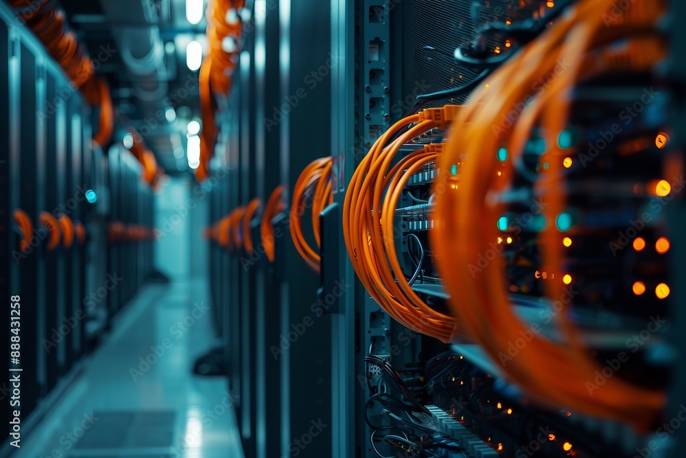 Internet LAN cable In a modern server room For storing and transmitting ...