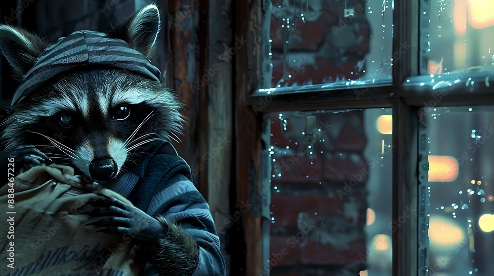 Raccoon dressed as a thief, sneaking through a window with a bag of ...