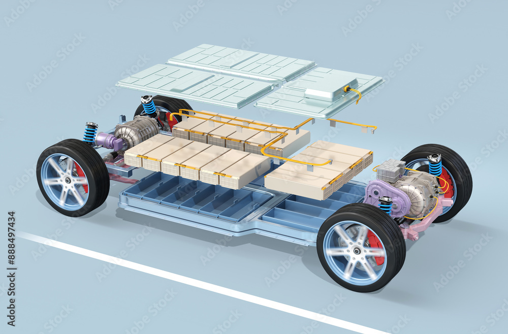 Exploded view of electric vehicle chassis equipped with battery pack on ...