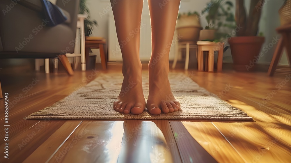 Photo of barefoot woman's feet standing in the living room with ...