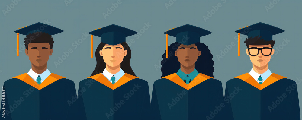 Four graduates are standing in a row, all wearing caps and gowns. Scene ...