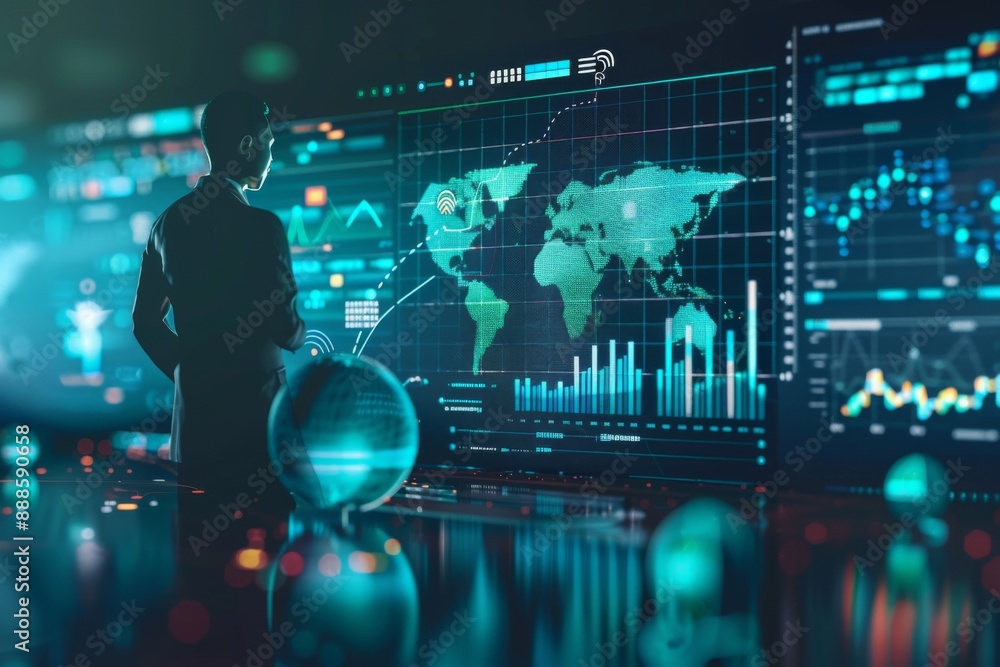 3D Technical Illustration Featuring Data Analysis Tools with Globe and ...