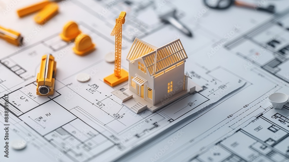 Architectural blueprint with house model and construction tools ...