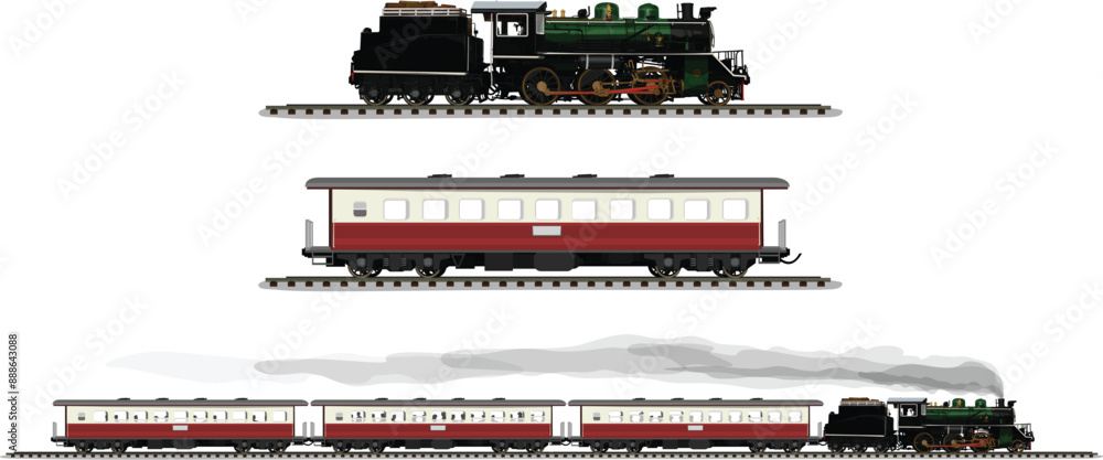 Set procession Ancient train include Old steam locomotive and ...