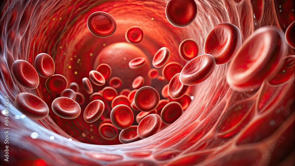 Red blood cells carrying oxygen molecules in an artery, , erythrocytes ...