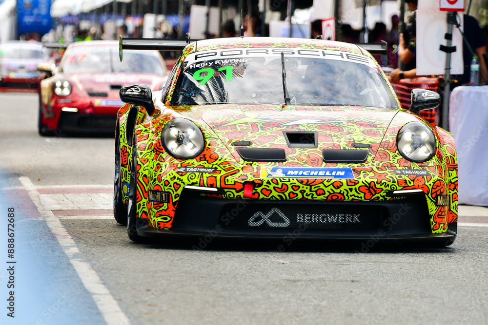 Chonburi - July 5 : 2024, Various famous racing cars on the track road ...