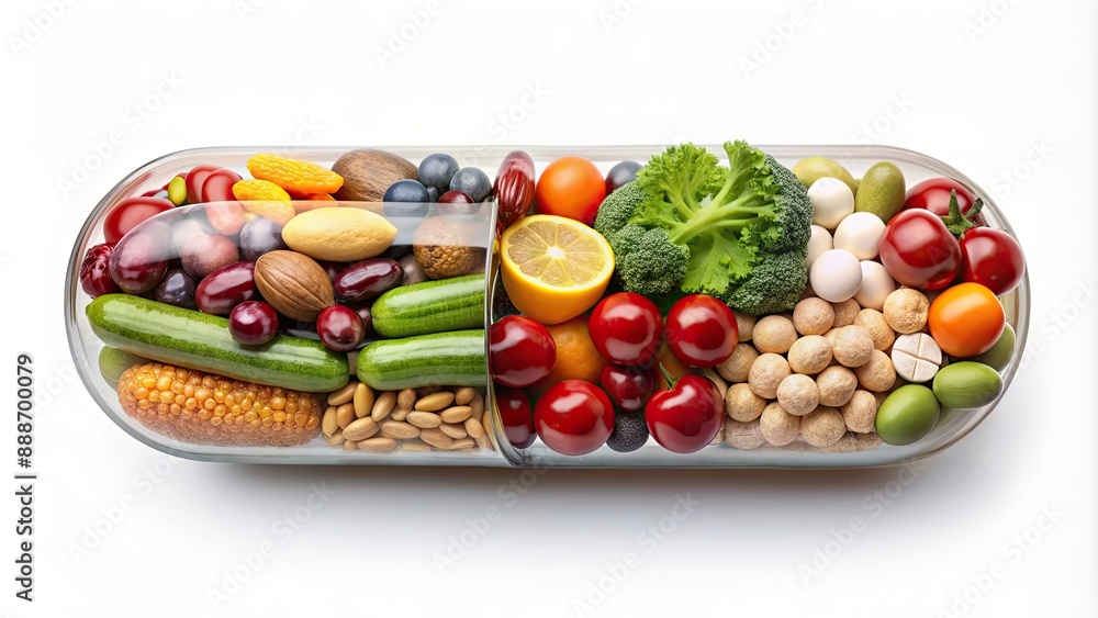 Nutritional supplement capsule filled with fruit, vegetables, nuts, and ...