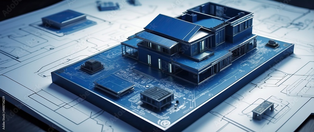 Innovative 3D model of a house embedded in a blueprint, showcasing ...