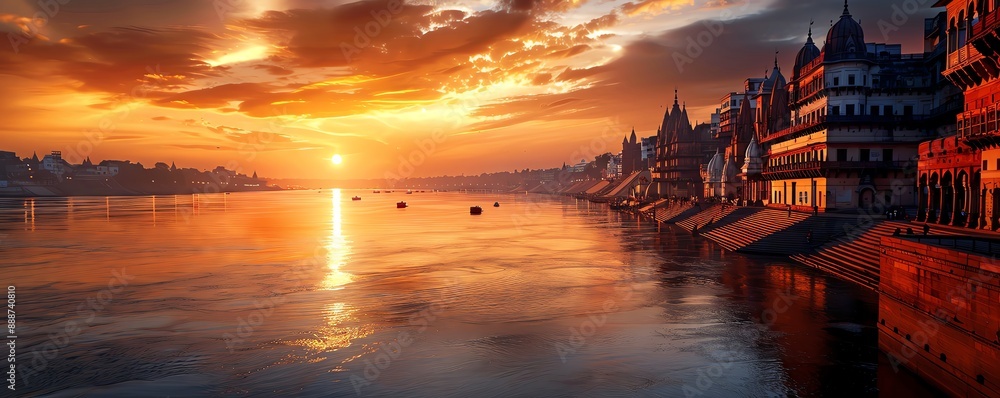 Sunset scene at Varanasi's Manikarnika Ghat, historical architecture ...