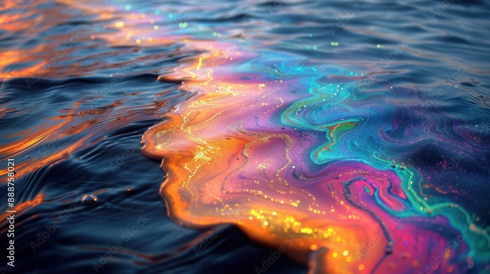 Iridescent oil spill on water, creating a mesmerizing display of colors ...