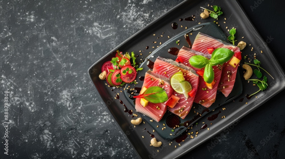Traditional Japanese gourmet tuna fish steak tataki with tropical fruit ...