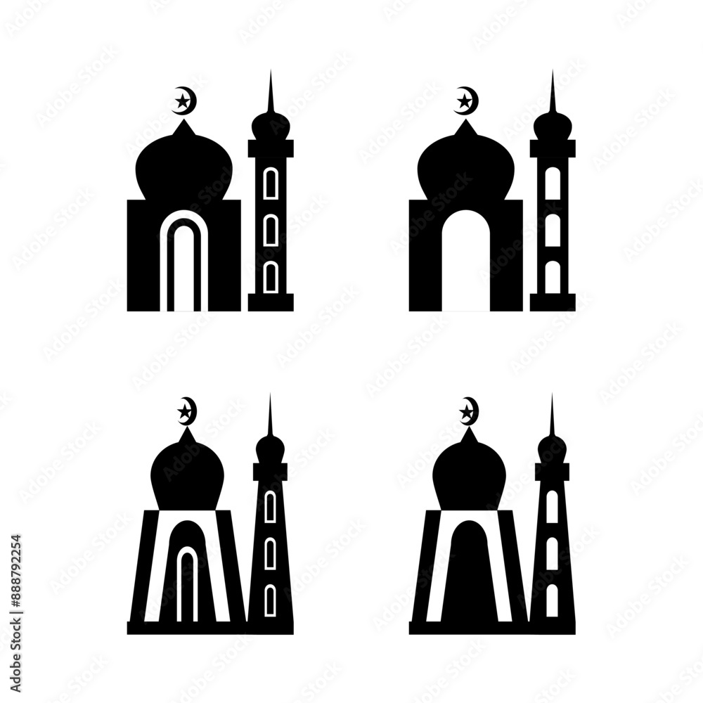 Muslim mosque icon set illustration. Black and white silhouette design ...