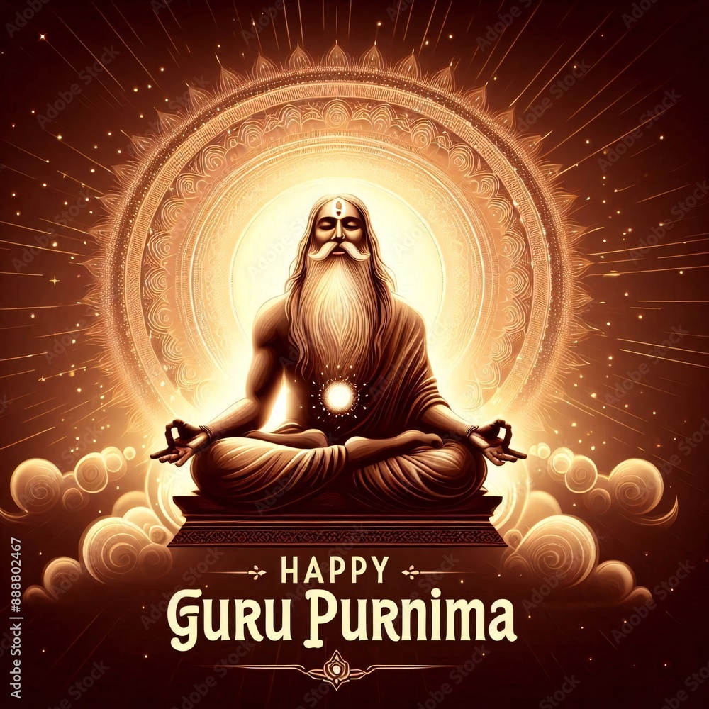 An illustration of a guru in meditation pose, surrounded by an aura of ...