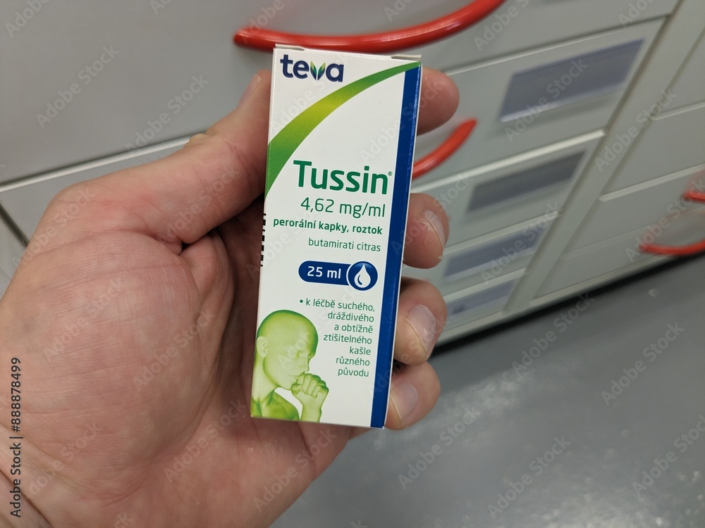 Prague, Czech Republic - July 13 2024: TUSSIN cough syrup with ...