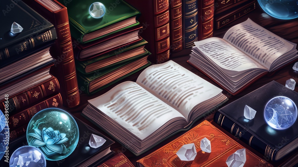 Detailed illustration of an ancient library filled with magical books ...