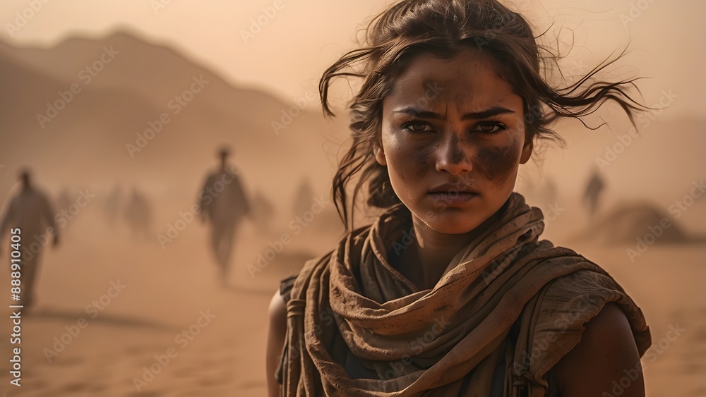 Combating sand and dust storms, a girl in sand storm with pai on his ...
