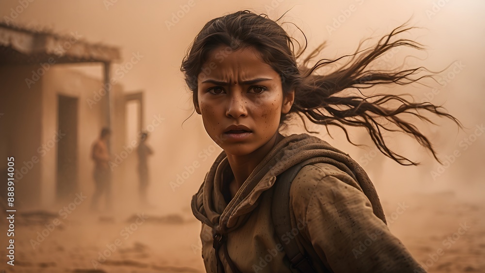 Combating sand and dust storms, a girl in sand storm with pai on his ...