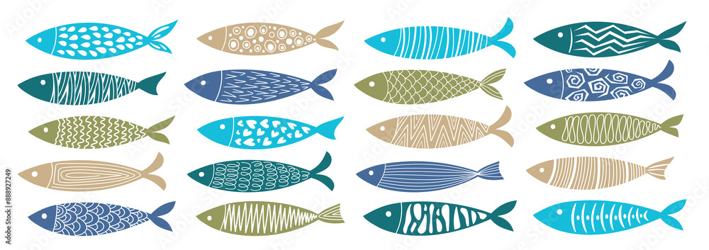 Set of hand-drawn colorful abstract fish. Sardines, salmon, tuna ...