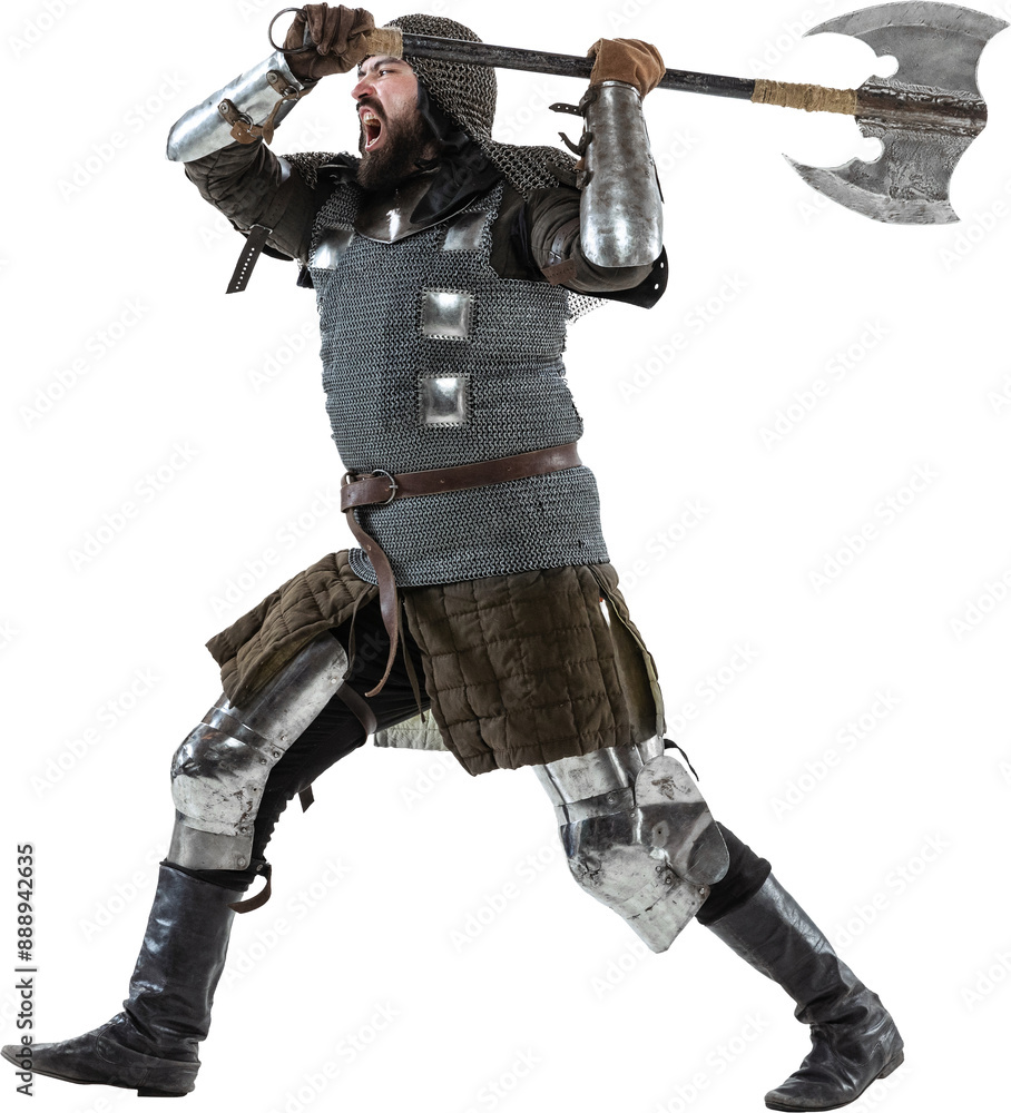 Attack. Full-length portrait of brutal serious man, medieval knight ...