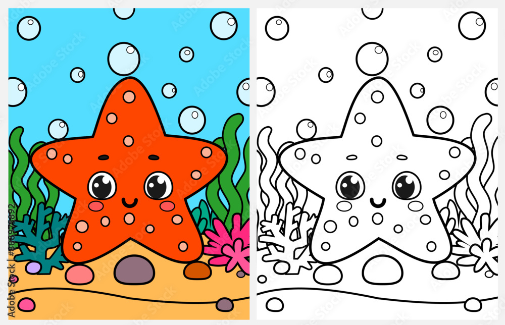 Vector de Stock Cute cartoon starfish underwater coloring page for kids ...