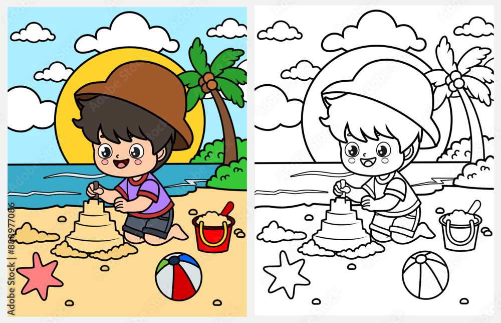 Cute cartoon boy building sandcastle coloring page for kids, summer ...