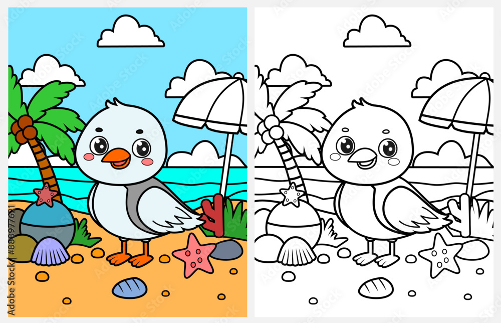 Cute cartoon seagull coloring page for kids, summer coloring pages for ...