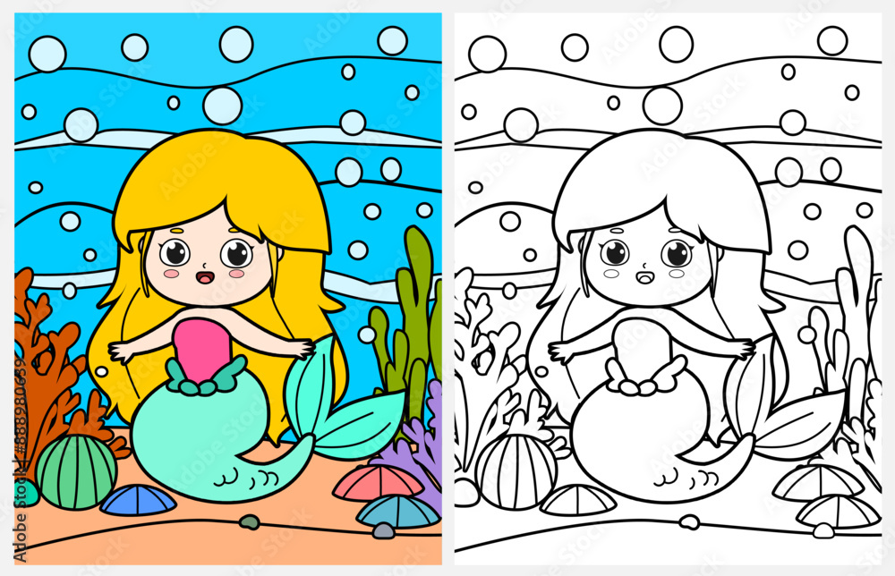 Cute mermaid underwater coloring page for kids, summer coloring pages ...