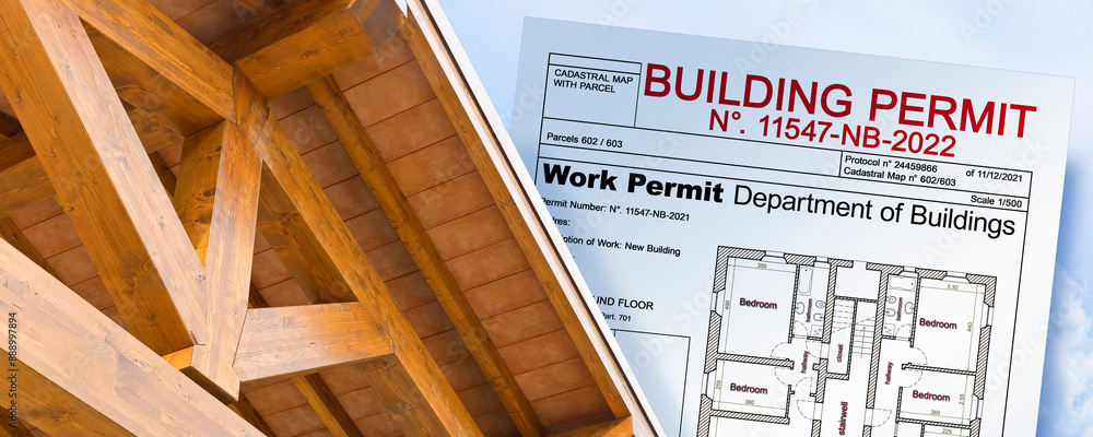 Building Permit concept with imaginary approved residential building project and new wooden ...