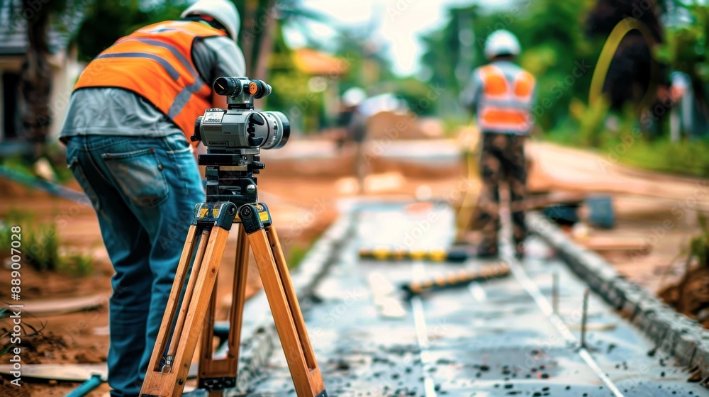 Construction worker using a surveying tool on a construction site. Two ...
