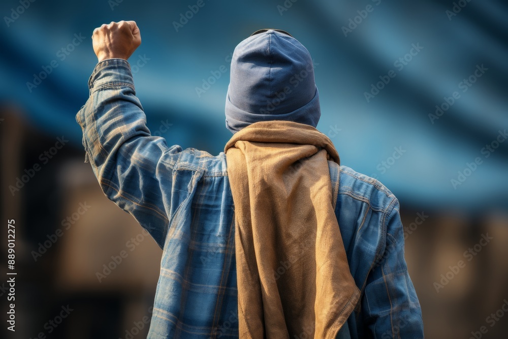 Closeup back view of protestor with fist raised in the air as a symbol ...