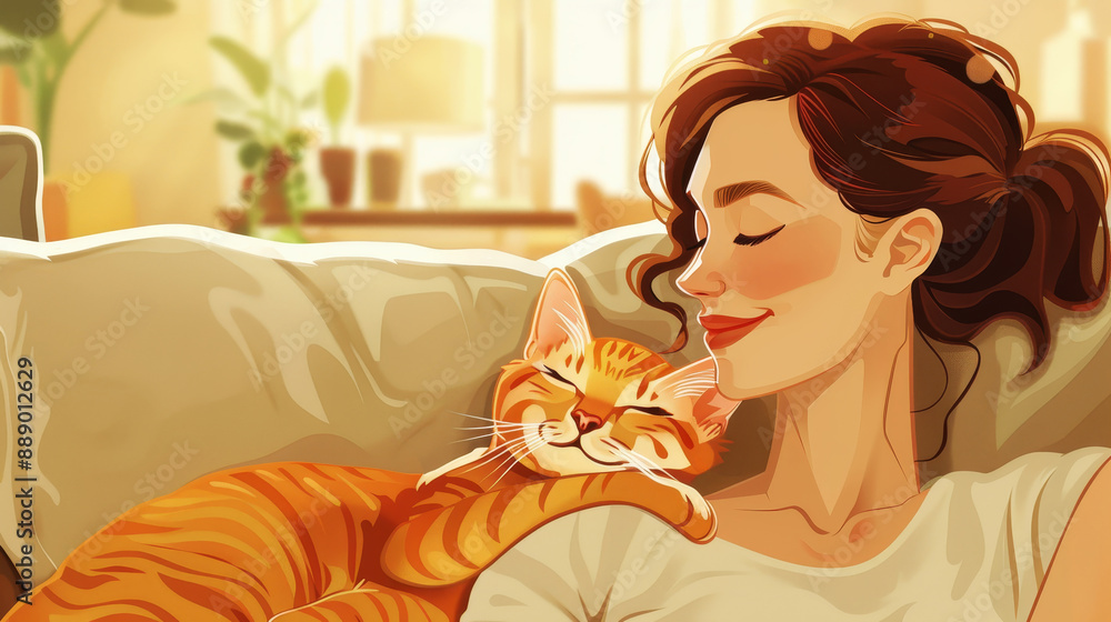 cute cartoon illustration of an orange tabby cat cuddling with her ...