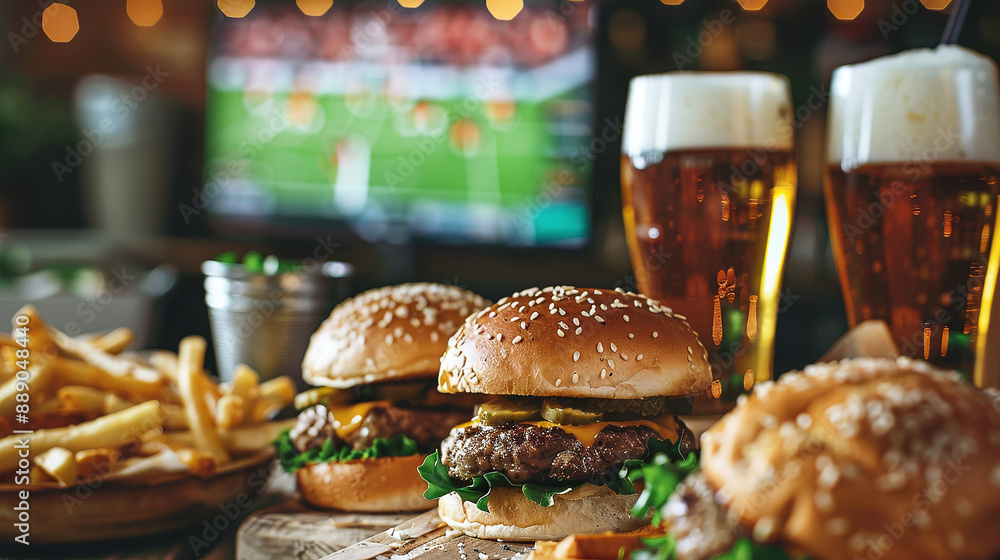 Burgers, fries and beer at the bar, with a TV showing a football match ...
