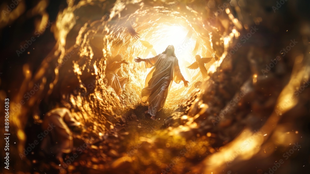 Jesus Christ resurrecting from the tomb with bright light and angels ...