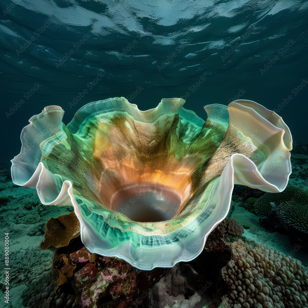 Giant clam opening to reveal a hidden treasure, mysterious underwater ...