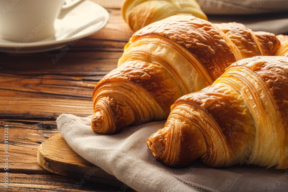 almond-topped croissants on a cozy table, creating a welcoming bakery ...
