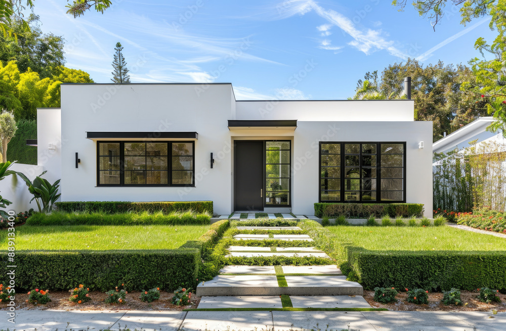 the front view of an all white one story bungalow in Miami, with green ...