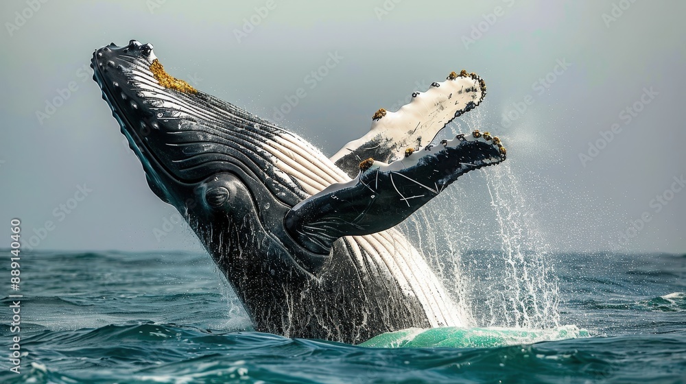 Majestic Humpback Whale Breaching the Ocean Surface with Water ...