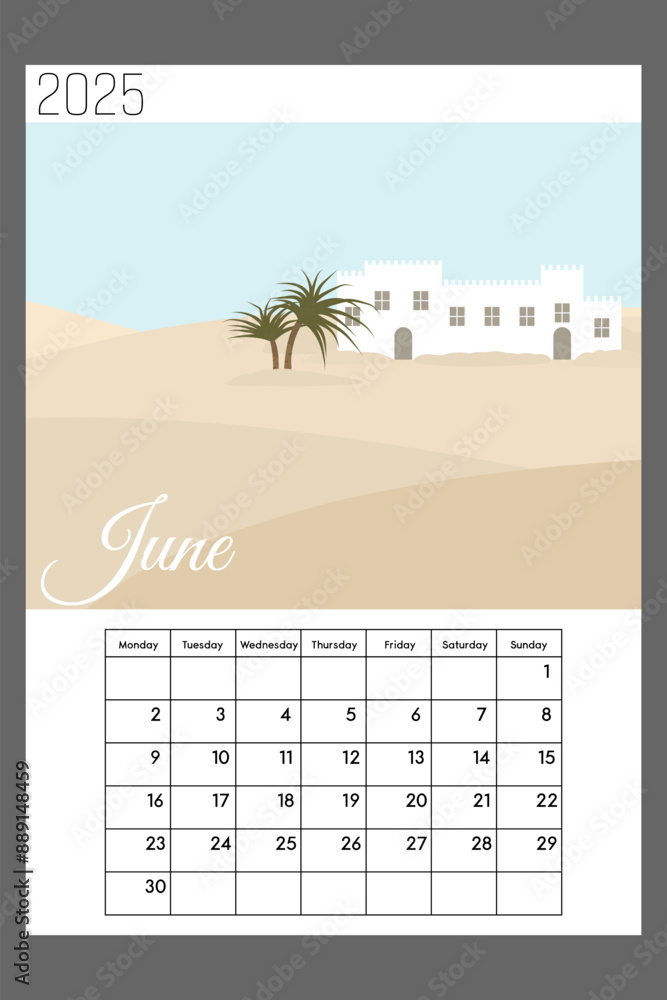 Monthly planner template for June 2025. Calendar grid for notes. Week ...