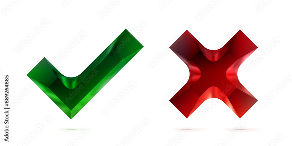 Tick and cross signs glossy realistic set, green check mark and red crosshair. Icon, symbol ...