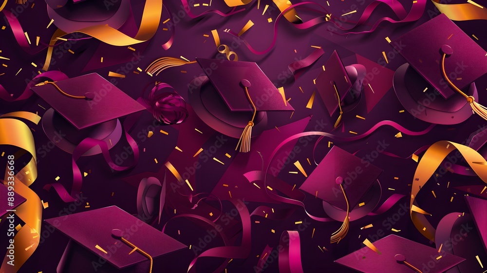 Graduation. Transparent background with realistic flying black degree ...