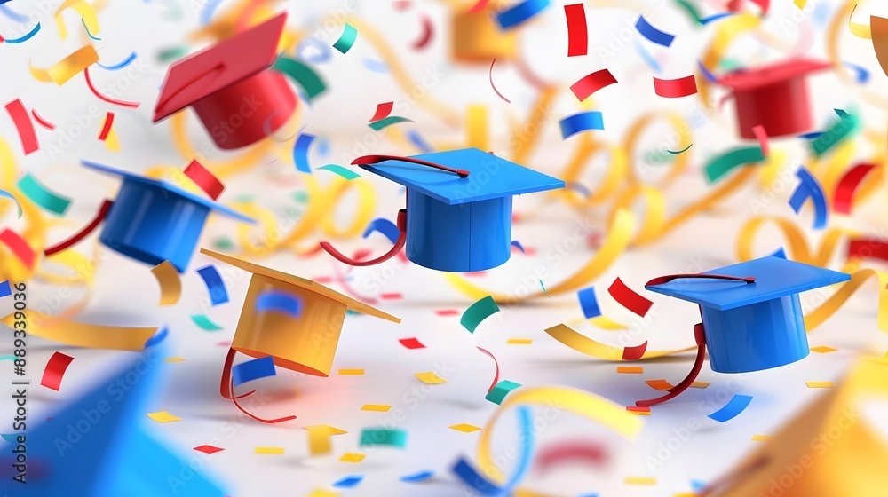 Graduation. Transparent background with realistic flying black degree ...