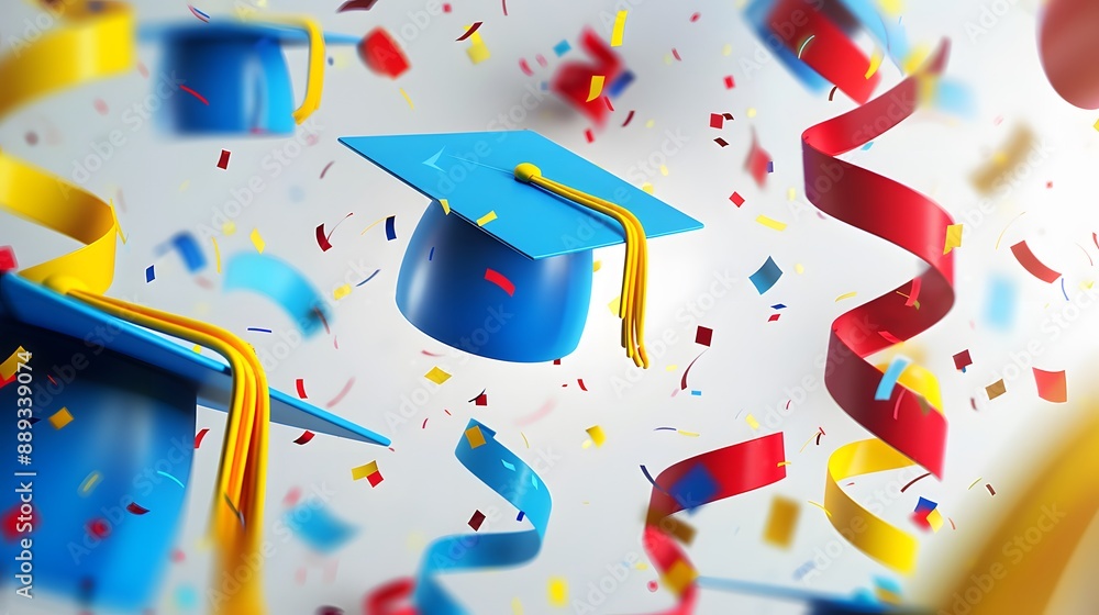 Graduation. Transparent background with realistic flying black degree ...