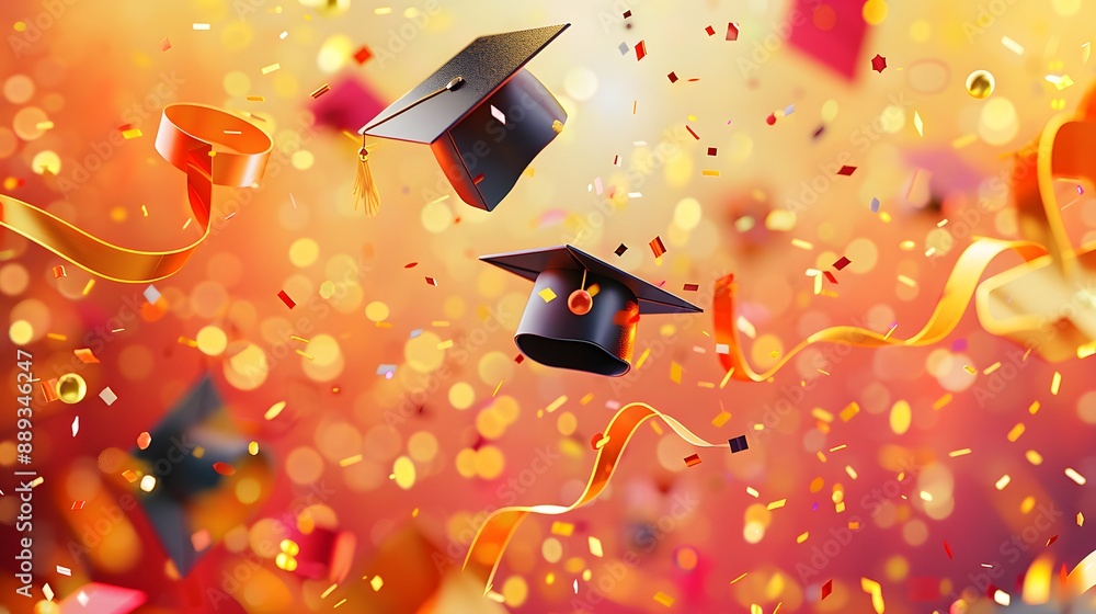 Graduation. Transparent background with realistic flying black degree ...