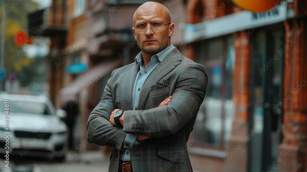 Serious bald man in gray suit and blue shirt stands on city street ...
