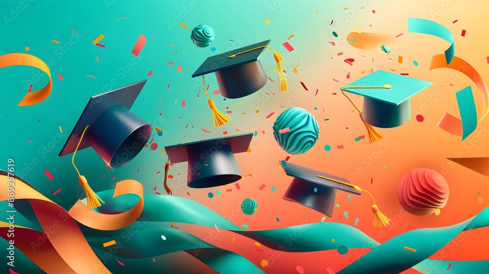 Graduation. Transparent background with realistic flying black degree ...
